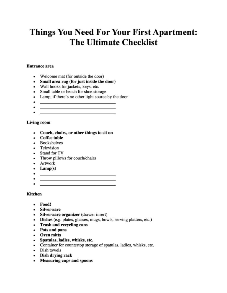 First Apartment Checklist 43+ Free Sample & Template - RedlineSP