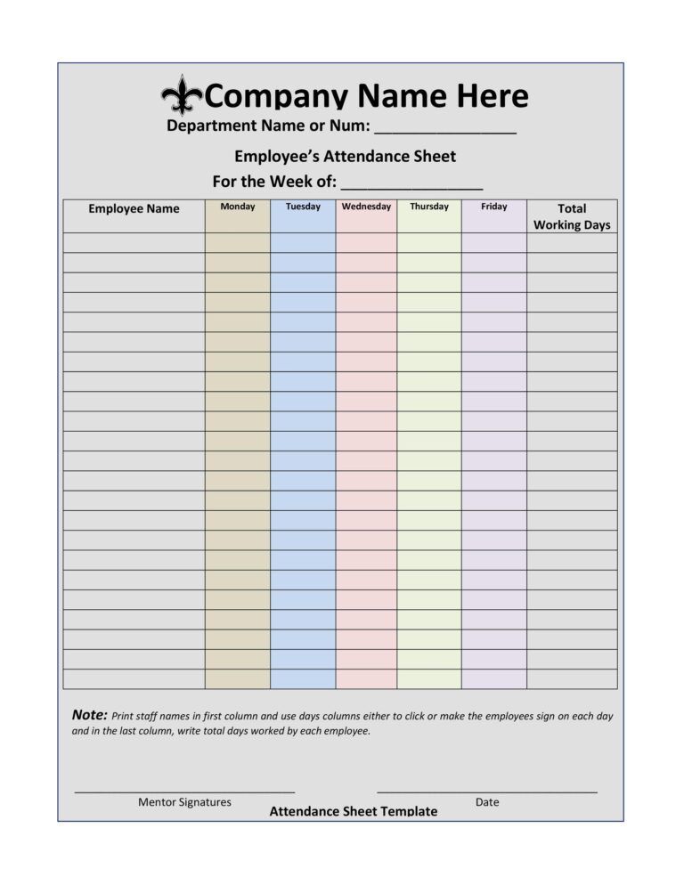 Attendance Sheet Excel Template 50 Free Example - RedlineSP