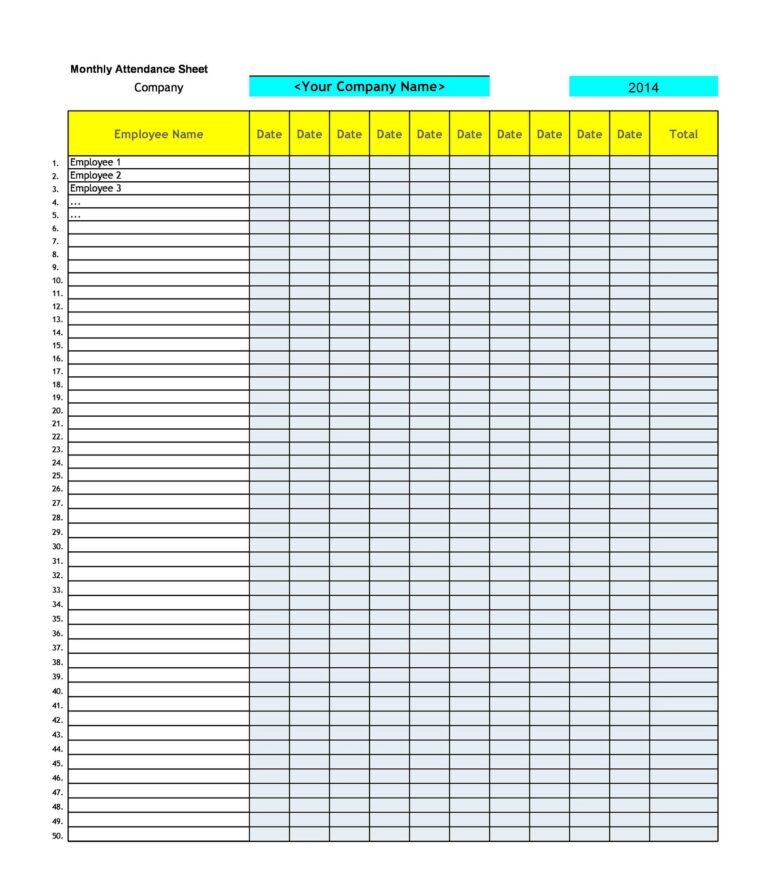 Attendance Sheet Excel Template 50 Free Example RedlineSP