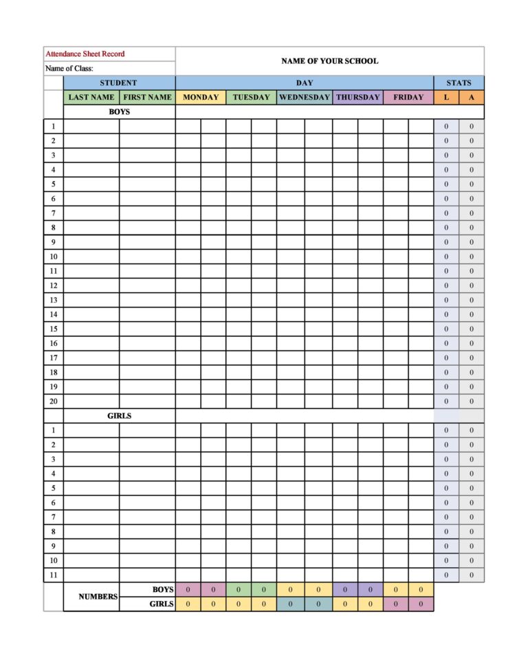 Attendance Sheet Excel Template 50 Free Example - RedlineSP