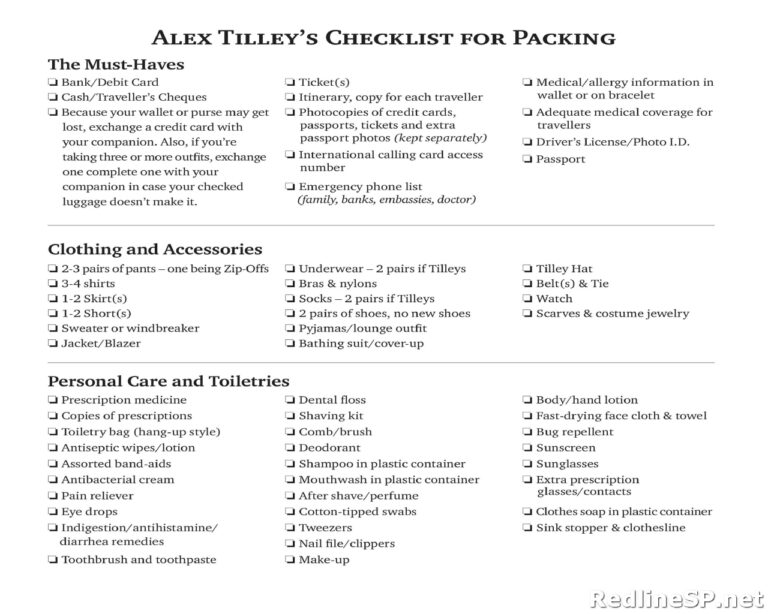 45 Packing List Template Free - RedlineSP