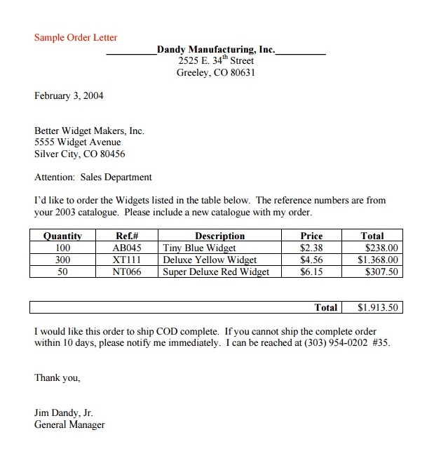 Purchase Order Letter Sample